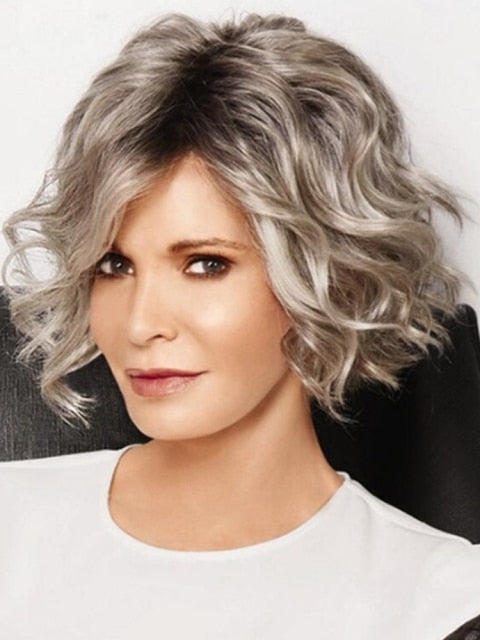 "Sandy" Grey/ Silver Short Synthetic Curly Wavy Wigs with Dark Roots ...